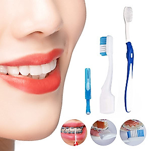 Braces Cleaning Kit for Teeth, Portable Orthodontic Toothbrush Kit Oral Care Dental Travel Kit - Interdental Brush Dental Wax Dental Floss Toothbrush Box (Blue B)
