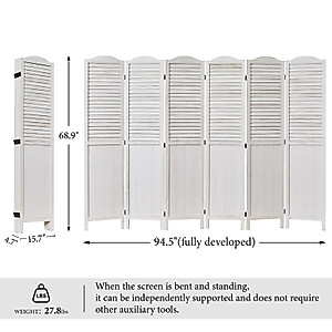 Room Dividers, 5.75Ft Individual Privacy Screens Foldable Wooden Louver & MDF Stable Wall Divider for Home Office Bedroom, 6 Panels (White-Washed)