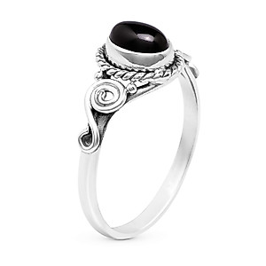 Oval Black Onyx Spiral Sides Small Ring 925 Sterling Silver Vintage Tribal Gipsy Boho (8)