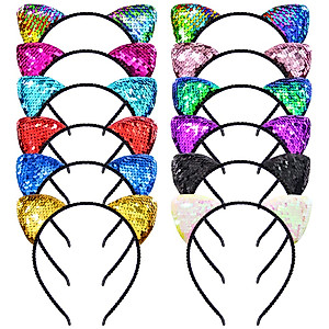 Beinou Reversible Sequin Cat Ears Headband - Shiny Bling Kitty Hairband with Ear Hair Hoops, Cute Hair Accessories for Girls Women, Suitable for Daily Wear and Party Decorations