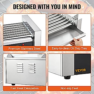 VEVOR Hot Dog Roller 7 Rollers 18 Hot Dogs Capacity 1050W Stainless Sausage Grill Cooker Machine with Dual Temp Control Glass Hood Acrylic Cover Bun Warmer Shelf Removable Oil Drip Tray, ETL Certified