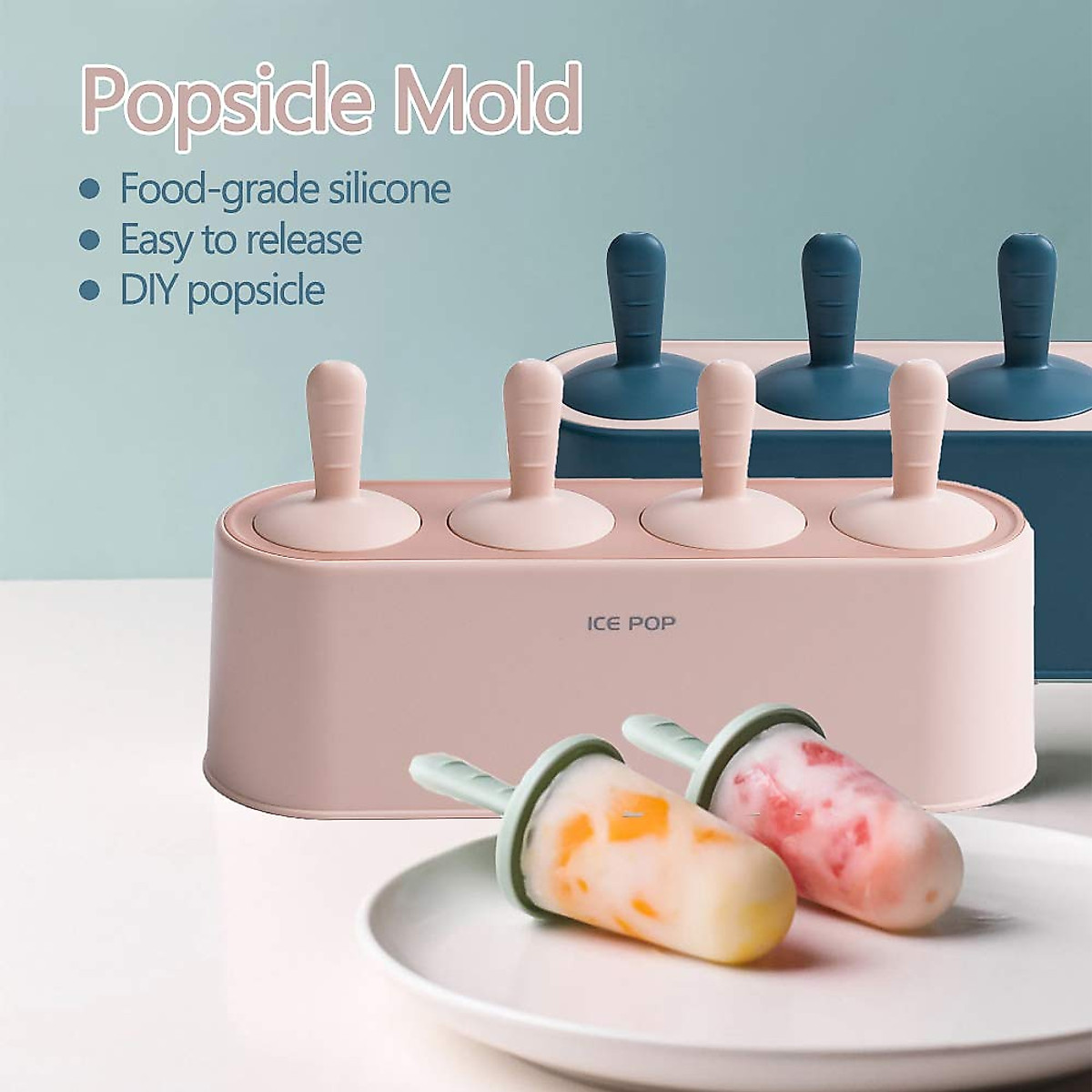 Popsicle Mold Set 4 Pieces Homemade Silicone Popsicle Maker Easy Release Ice Cream Molds Reusable DIY Pop Molds (Pink)