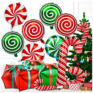 30Pcs Christmas Foil Balloons, Large Candy Cane Swirl Mylar Balloons with Ribbons, Red Green Balloons for Birthday and Candies Theme Party Decorations