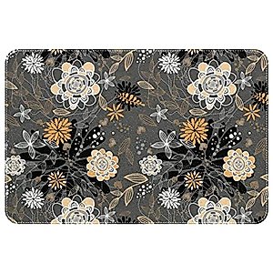 Retro Abstract Black Floral Grey Shower Mats Non Slip Without Suction Cups Bath Mat for Textured Tub Surface Loofah Mats for Shower and Bathroom Quick Drying 16x24Inch