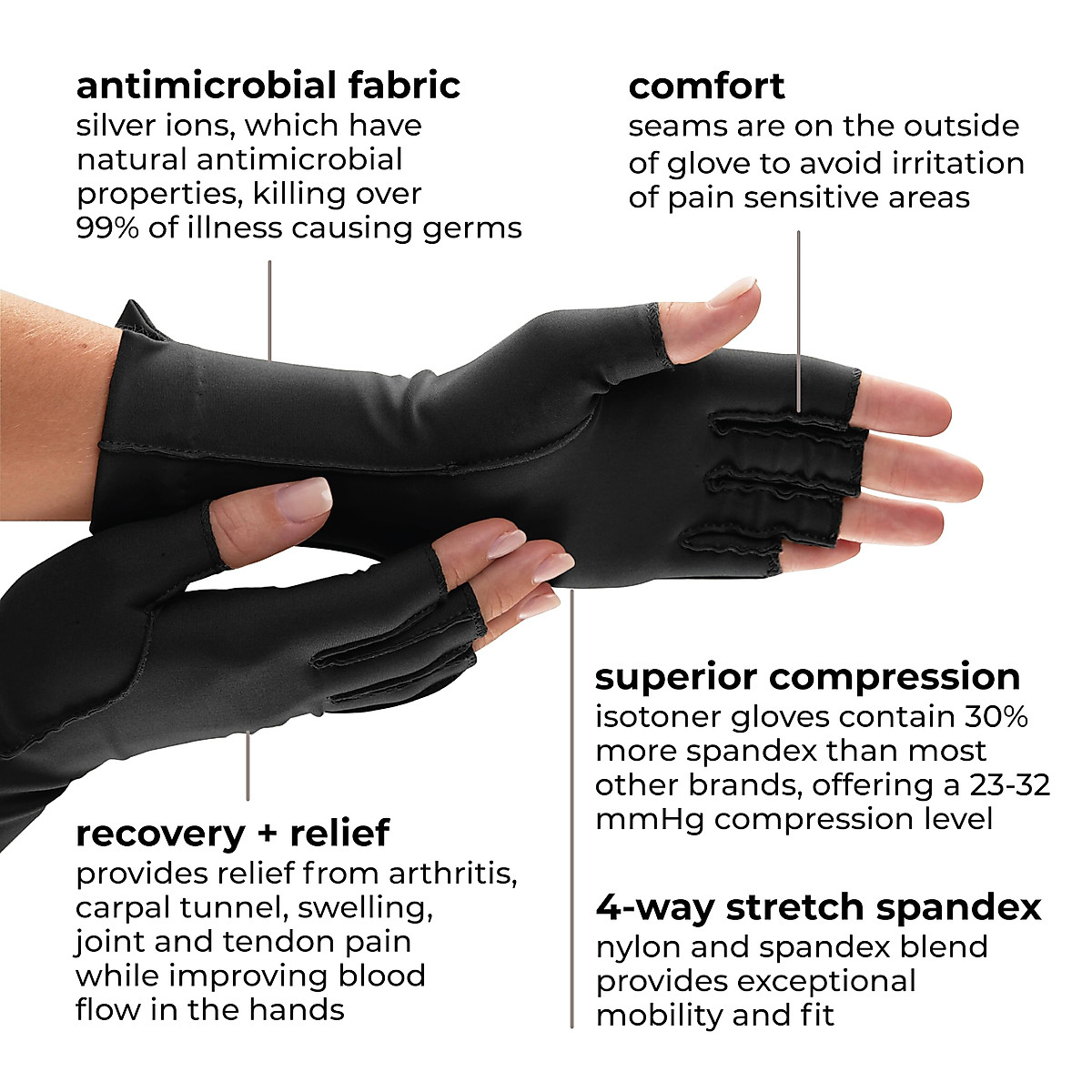 isotoner unisex adult One Pair of Open Finger arthritis gloves, Black, Medium US