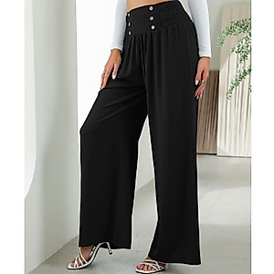 Pissente Women Wide Leg Trousers Shirred High Elastic Waist Button Decoration Casual Pants for Work Dating(XL-Black)