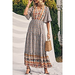 PRETTYGARDEN Women's Casual Summer Boho Floral Print Dress V Neck Short Sleeve High Waist Long Maxi Beach Dresses (White Floral,Medium)