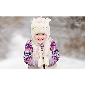 Kids Winter Hat and Kids Gloves Set for Girls & Boys Ages 4-7 Years Old + Ear Flaps Chin Strap (Pink/White Unicorn - Gloves)