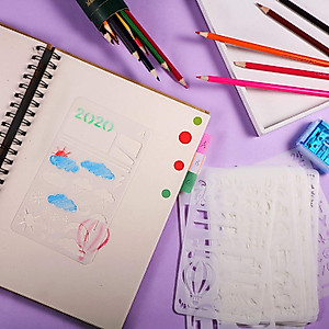 48 Pieces Journal Planner Stencils Plastic Bullet Stencil with A6 File Bag, Steel Ruler and 2 Pieces Metal Key Rings for Notebook, Diary, Scrapbook and DIY Drawing Template, Total 52 Pieces