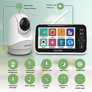 OKAIDI Baby Monitor with Camera and Audio, 5" Large Screen with 30-Hour Battery, 1000ft Range Video Baby Monitor, Remote Pan-Tilt-Zoom Baby Monitor No WiFi, Night Vision, VOX, 2-Way Talk, 8 Lullabies