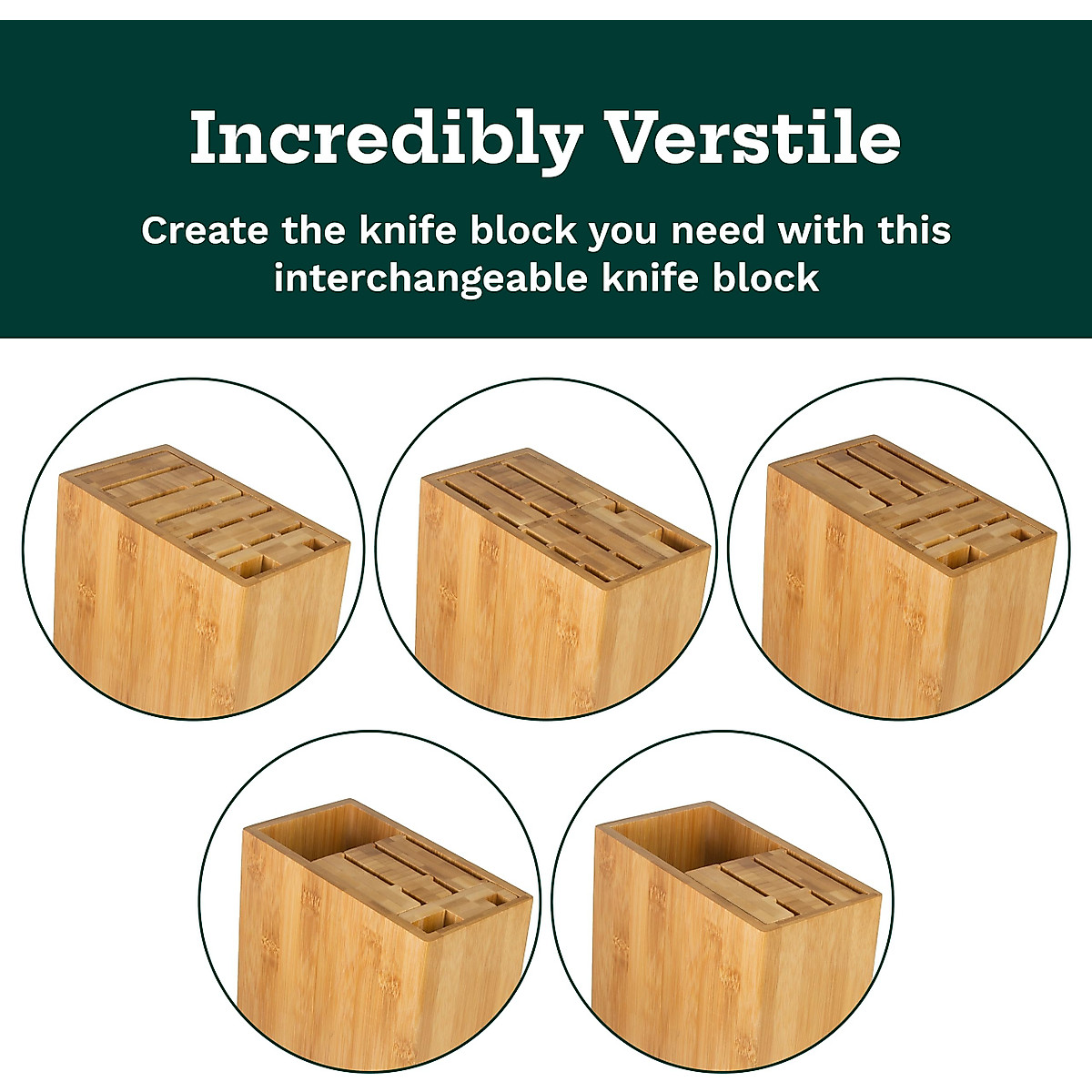 Kitalma 16 Slot Universal Knife Block - Large Bamboo Knife Block without Knives, Countertop Butcher Block Knife Holder - Washable & Removable Blocks - Space Saving Customizable Cutlery Organizer.