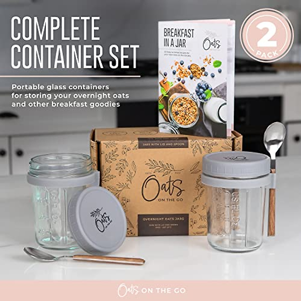Overnight Oats Container 2-Pack - 10-Oz Glass Mason Jars w/ Spoons & Recipe Book