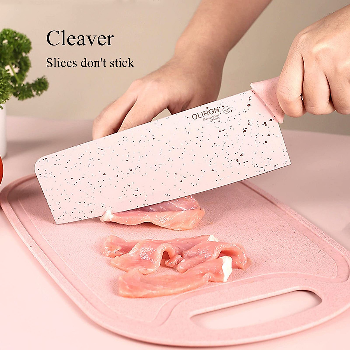 Knife Set of 7, Professional Stainless Steel Japanese Kitchen Knife Set with Cutting Board and Acrylic Stand, Non-Stick Coating Cooking Knife with Gift Box for Women Gifts (Pink)