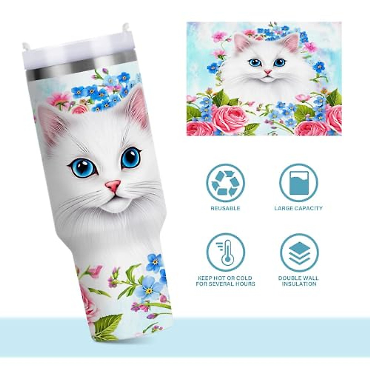 Cozy White Cat Rose 40 Oz Tumbler with Handle, Stainless Steel Cups with Lid, Travel Coffee Tumbler