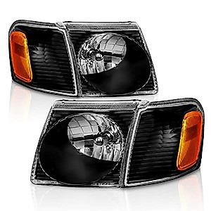 AmeriLite for 2001-2005 Ford Explorer Sport Trac Crystal Black Replacement Headlights with Corner Lamp Set - Passenger and Driver Side