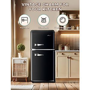 Anypro 3.2 Cu.Ft Compact Refrigerator Mini Fridge with Freezer, Retro Double Door Small Fridge with Freezer, 7 Level Thermostat & Removable Shelves, Small Refrigerator for Dorm, Office, Bedroom, Black