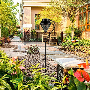 Bownew Garden Metal Solar Pathway Lights Outdoor Decorative Path Lights with Hanging Flower Lanterns for Patio and Yard - Set of 2