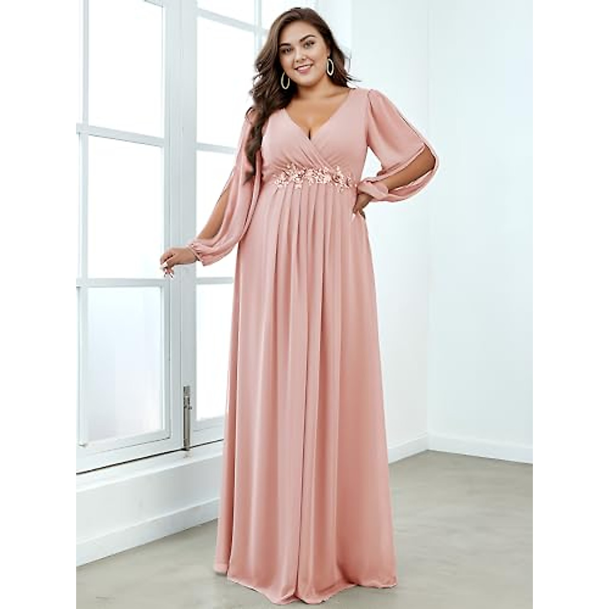 Ever-Pretty Plus Women's Maxi Deep V Neck Long Sleeves Formal Evening Dress Plus Size Pink US14