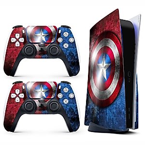 HK Studio Captain Shield Decal Sticker Skin Specific Cover for Both PS5 Disc Edition and Digital Edition - Waterproof, No Bubble, Including 2 Controller Skins and Console Skin
