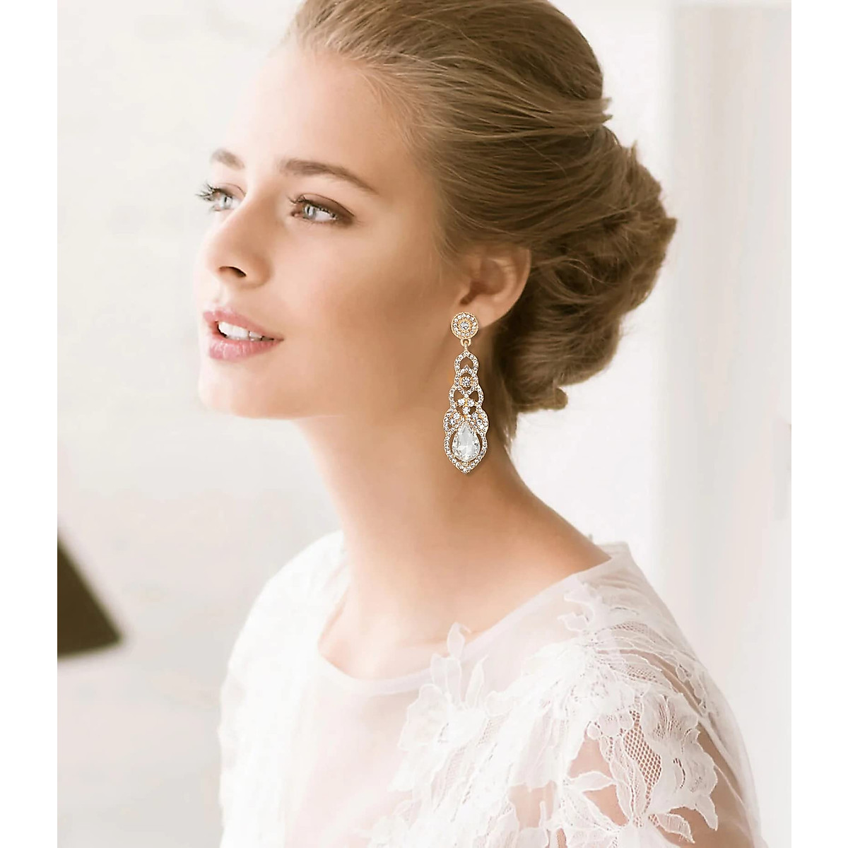 TRWWELL Elegant Rhinestone Gold Wedding Bridal Teardrop Dangle Earrings Bling Crystal Chandelier Dangling Earrings for Women Brides