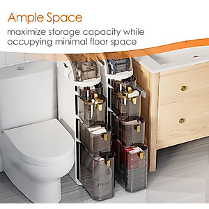 tonchean 4-Tier Bathroom Organizers and Storage,Plastic Narrow Slim Storage Cabinet with Clear Drawers Bathroom Floor Cabinet Towel Organizer Rolling Cart with Wheels for Small Space Gap Living Room