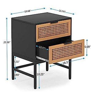 Tribesigns 2-Drawers Nightstands Set of 2, Black Wood Night Stand, Mid-Century Bedside Table, Retro Nightstands with Metal Legs, Bed Side Table for Bedroom, Rattan Nightstand with Big Storage