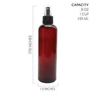 Cornucopia 8oz Amber Brown Plastic Spray Bottles with Fine Mist Atomizers (6-Pack); for DIY Home Cleaning, Aromatherapy, & Beauty Care