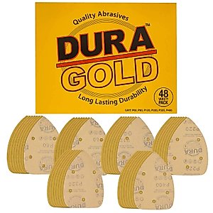 Dura-Gold Premium Mouse Detail Sander Sandpaper, 48 Assorted Grit Sanding Sheets - 60, 80, 120, 220, 320, 400-5 Hole Pattern Hook & Loop Triangle Mouse Discs - Woodworking Wood Crafting, Auto Paint
