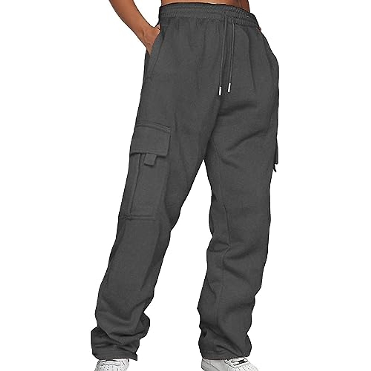 Womens High Waisted Cargo Pants with Drawstring Athletic Workout Fleece Sweatpants Combat Military Trousers Wide Leg Casual Pants 4 Pockets Dark Gray