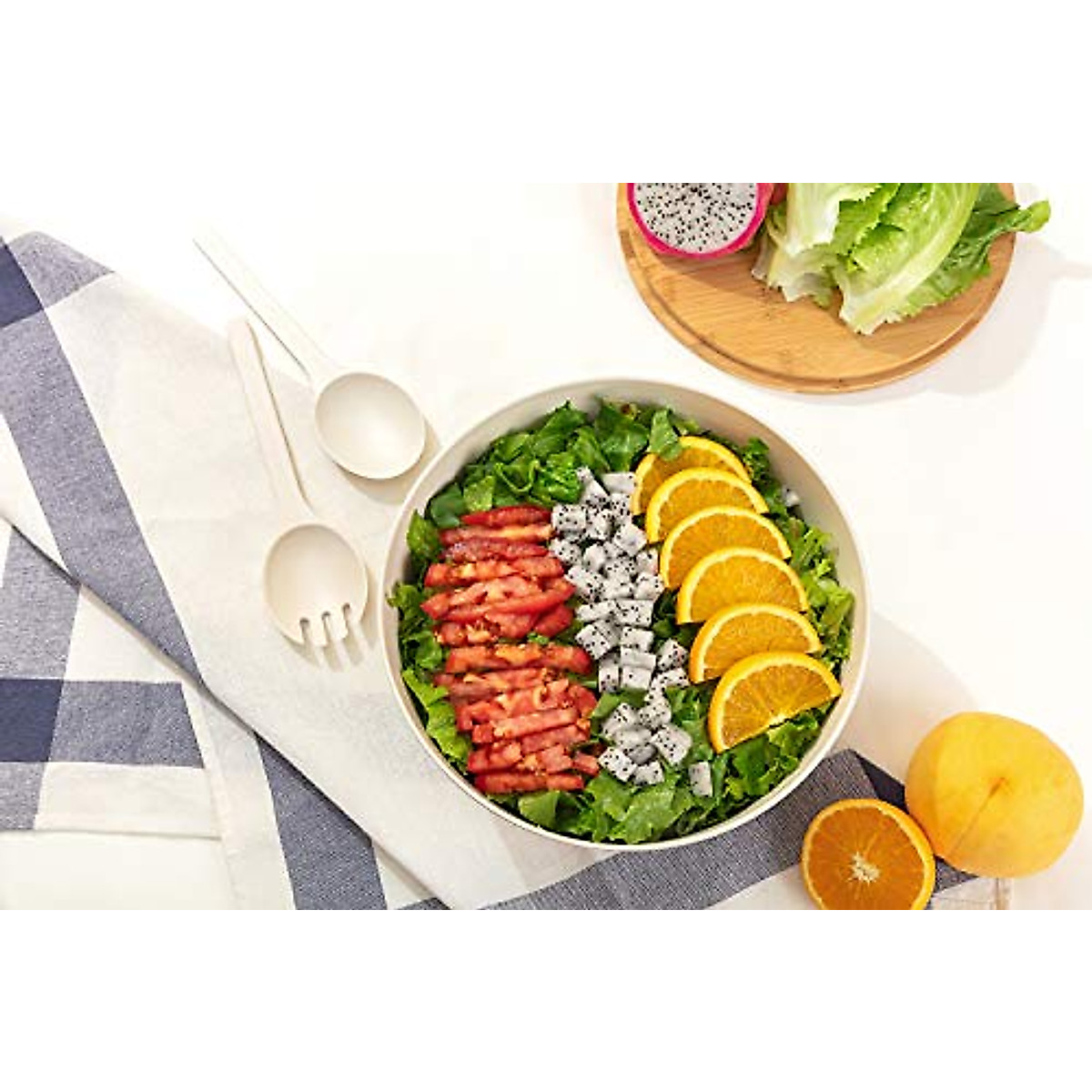 GEHE Bamboo Salad Bowl with Servers Set - Large 9.8 inches mixing bowls Solid Bamboo Salad Wooden Bowl with Bamboo Lid Spoon for Fruits,Salads and Decoration (White, 9.8INCH)