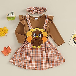 Baby Girls Thanksgiving Outfits Long Sleeve Newborn Romper and Suspender Plaid Skirt Set Infant Fall Winter Clothes (Brown, 3-6 Months)