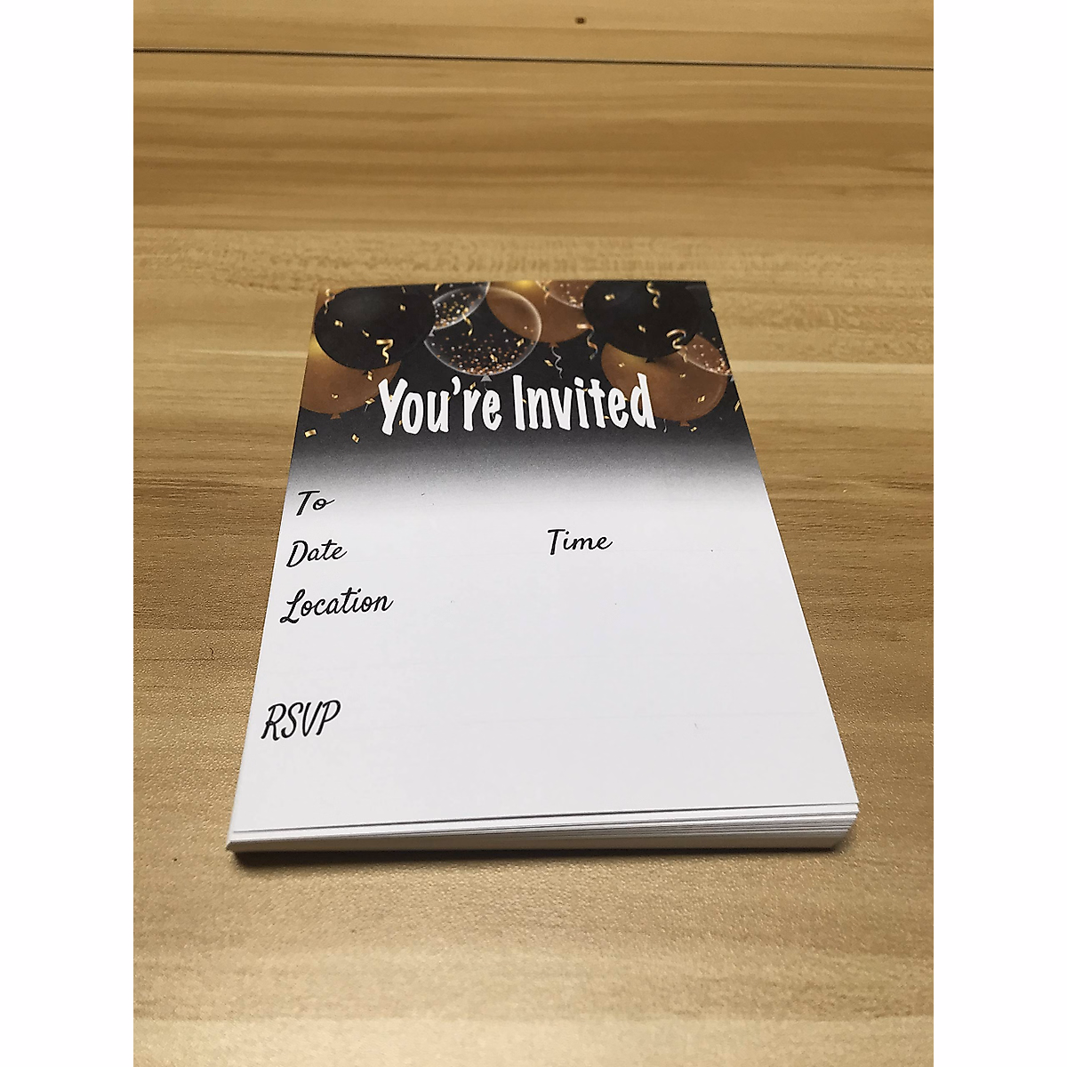 QualityVibe Black & Gold balloons Invitations Set of 25 with envelopes. Invites for Anniversaries, birthdays, sweet 16, bridal showers, baby showers, milestones birthdays and more.