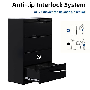 Aobabo 4 Drawer Lateral Steel File Organizing Cabinet with Locking System and Adjustable Hanging Bars for Letter/Legal Size Paper, Black