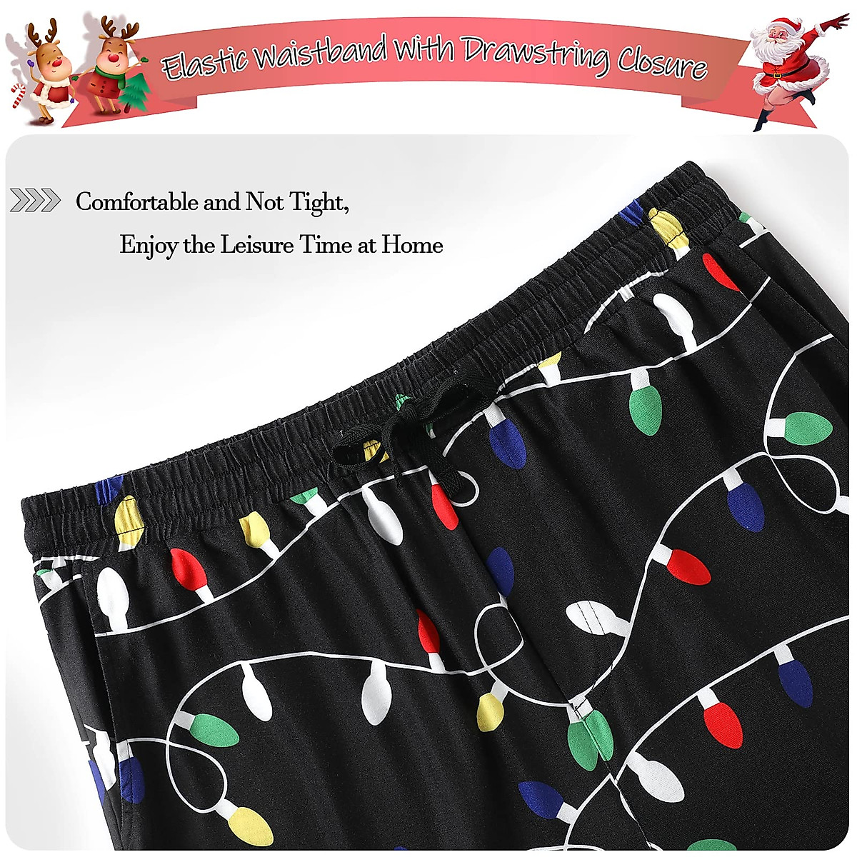 MERIABNY Mens Christmas Pajama Pants Christmas Pjs Black Colorful Lights Xmas Holiday Sleepwear Jammies for Lounging Sleeping, Medium