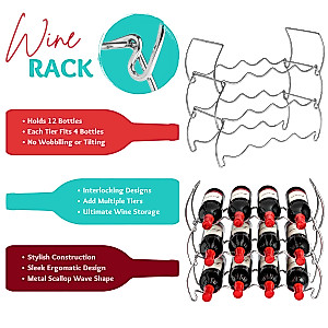 Sorbus® 3-Tier Stackable Wine Rack - Classic Style Wine Racks for Bottles - Perfect for Bar, Wine Cellar, Basement, Cabinet, Pantry, etc - Hold 12 Bottles, Metal (Silver)