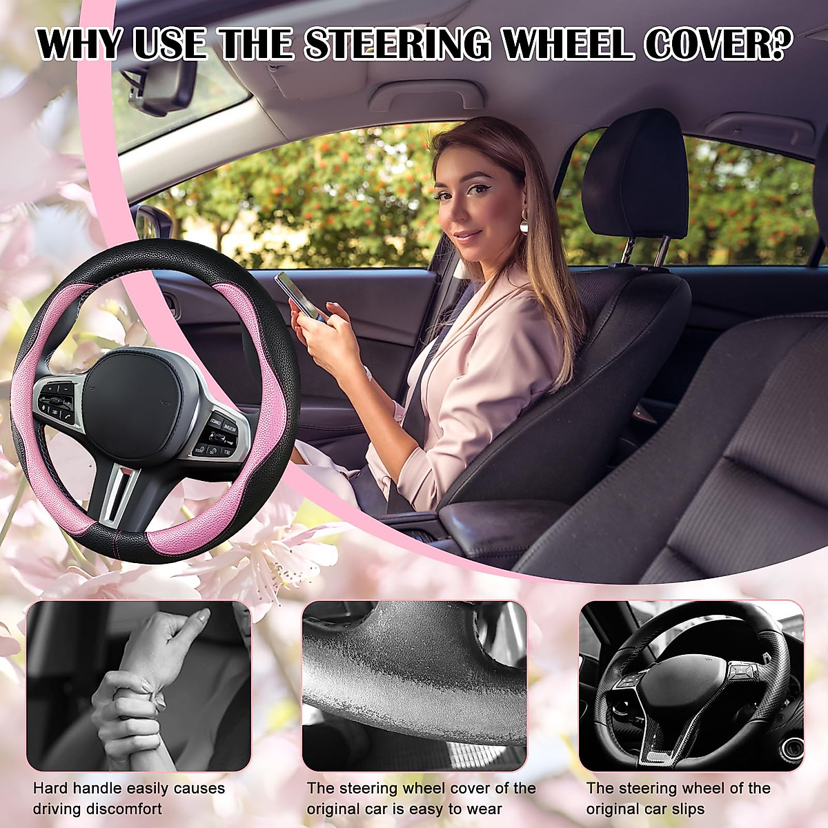 SuperKaKa Car Steering Wheel Cover 2025, Universal Auto PU Cute Breathable Slip-Proof Comfort Imitation Leather Protector Cars Interior Accessories for Women Men Fit Most Vehicle (Pink)