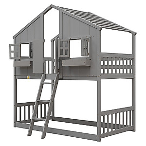 MERITLINE Twin Over Twin House Bunk Bed, Wood Floor Bunk Bed Frame with Roof, Window, Window Box & Door, Twin Bunk Bed for Kids Boys Girls Teens (Grey)