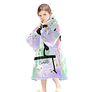 Gold Dots Girl Gymnast Custom Wearable Blanket Hoodie Sweatshirt with Pocket, Flannel Sherpa Warm Blanket for Children