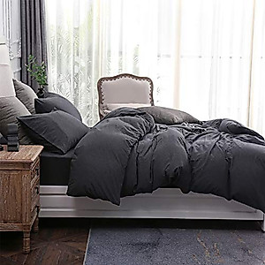 PURE ERA Jersey Knit Duvet Cover Set 100% T-Shirt Cotton Super Soft Comfy 3pc Bedding Set with Zipper Closure (Heather Charcoal Grey, Queen)