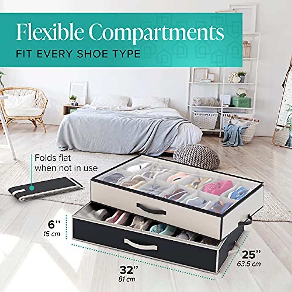 Woffit Under Bed Shoe Storage Organizer – Set of 2 Large Containers, Each Fit 12 Pairs of Shoes – Sturdy Box w/Strong Zipper & Handles – Underbed Organizers for Kids & Adults