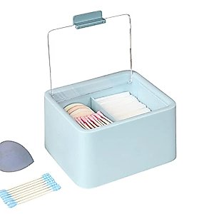 LiangTing 2 Grids Separate Cotton Swabs Dispenser Organizer Canisters,Transparent dust-proof desktop cotton swab box with cover,Dresser makeup remover cotton storage box for Cotton Balls, Cotton Pads. (blue)