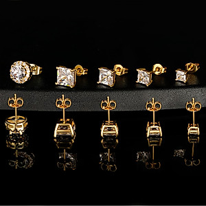 18K Gold Plated Earrings Princess Cut Cubic Zirconia Stud Earrings Set Simulated Diamond Halo Studs for Women Men Hypoallergenic Jewelry Pack of 5
