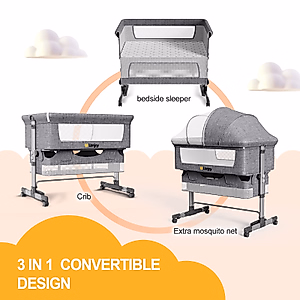 Uenjoy Baby Bassinet, Bedside Sleeper,Foldable Baby Bed to Bed, Adjustable Portable Bed for Infant/Baby/Newborn,with Mosquito Nets, Large Storage Bag, Comfortable Mattresses, Lockable Wheels,Gray