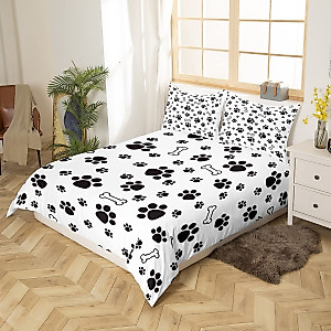 Castle Fairy Dog Paw Print Duvet Cover for Boys,Girls Puppy Bone Comforter Cover Full Size,Black White Bedding Set Kids Teen Room Decor Bed Cover,Dog Footprints Bedclothes with Zipper