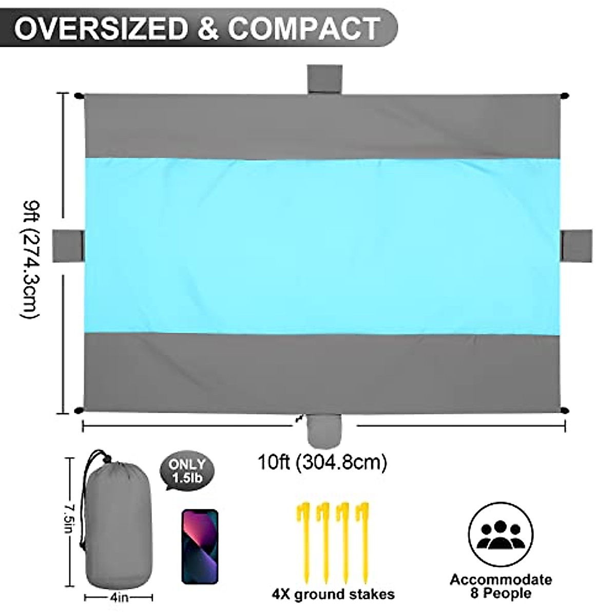 Buheco Beach Blanket Waterproof Sandproof Oversized Beach Mat Sand Free 10x9ft with 4 Stakes and 8 Pockets-Outdoor Extra Large Foldable Lightweight Picnic Blanket for Vacation-Camping-Hiking-Travel