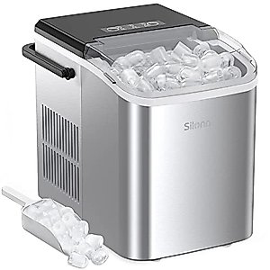 Silonn Countertop Ice Maker Machine with Handle, Portable, Makes up to 27 lbs. of Ice Per Day, 9 Cubes in 7 Mins, Self-Cleaning with Ice Scoop and Basket