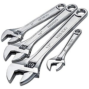 Kendo 4pcs Heavy Duty Adjustable Wrench Set - 6", 8", 10" & 12" Wrench - Drop Forged Heat Treated Chrome Vanadium Steel - Roll-up Storage Pouch Included