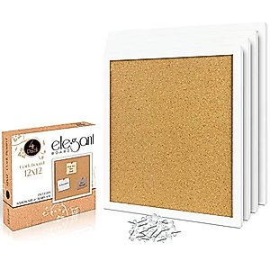 Elegant Boards 4 Pack Cork Bulletin Board 12"X 12" Square Wall Tiles, Modern White Framed Boards for Home and Office (Pushpins, Hardware and Template Included)