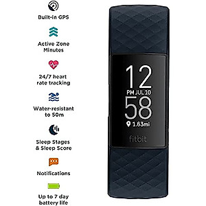 Fitbit Charge 4 Advanced Fitness Tracker W/ Built-in GPS, Fitbit Pay, 24/7 Heart Rate Tracking, Sleep Score, 7 Days Battery - US Model (Black & Blue S/L Bands Included) Storm Blue (Renewed)