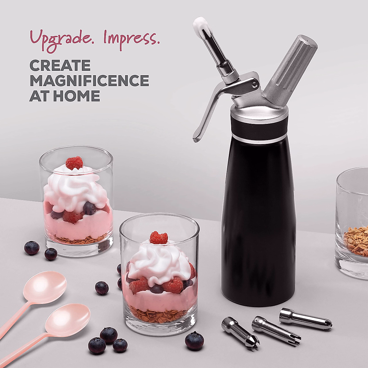 FineDine Professional Whipped-Cream Dispenser - Highly Durable Aluminum Cream Whipper, 3 Various Stainless Culinary Decorating Nozzles and 1 Brush - Canister with Recipe Guide - Homemade Cream Maker
